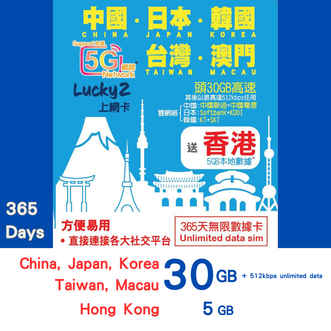 【Lucky2 eSIM】中國、日本、韓國、台灣、澳門 5地365日30GB 其後降速512K無限上網+送5GB香港數據 旅遊數據卡 ...