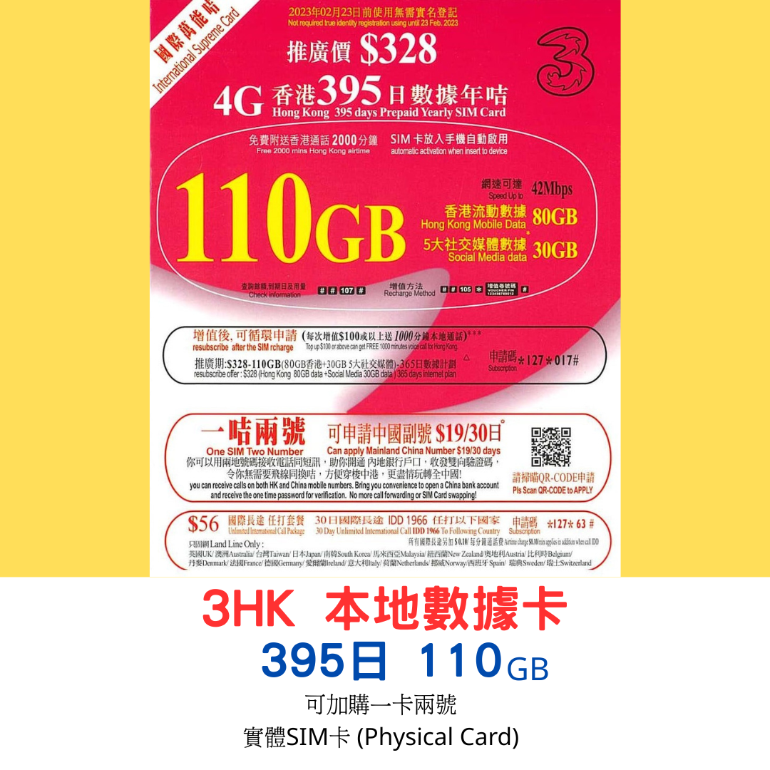【3HK國際萬能卡】395日 110GB 香港80GB+社交網絡30GB 本地數據卡 保號 可加購一卡兩號 – 1worldsim